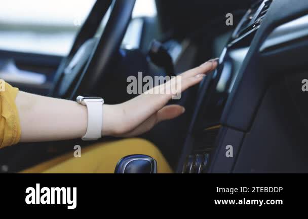 Unrecognizable female woman hand touching, clicking, tapping, sliding ...