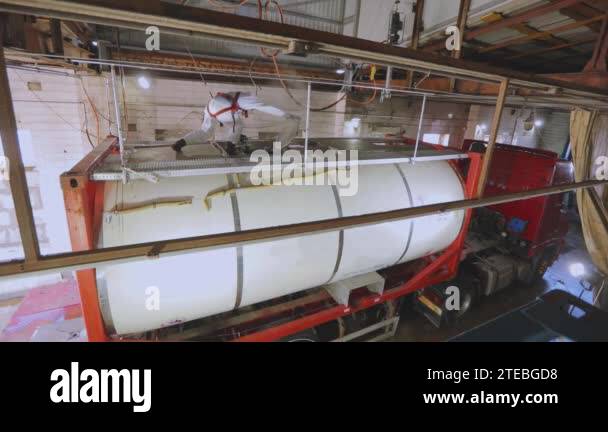 Tank truck cleaning operations. Tanker is in chemical cleaning ...