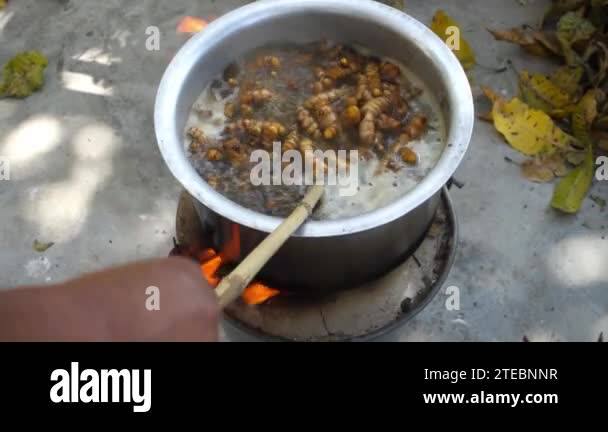 A close up shot of turmeric root being boiled in a big pot . Turmeric ...