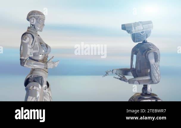 two talking cyborg robots concept of the technical progress and ...