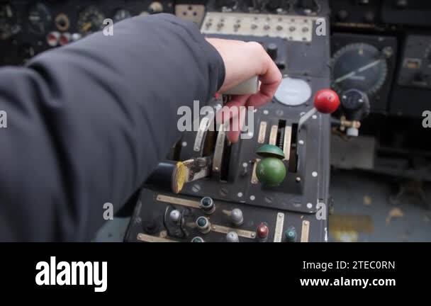 Dashboard of the old An-2 aircraft. Pilot push thrust lever handle for ...