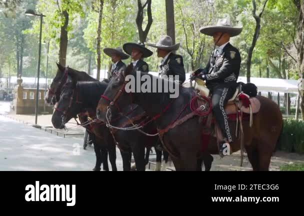 Mexican police officers on horseback in traditional sombrero hats and ...