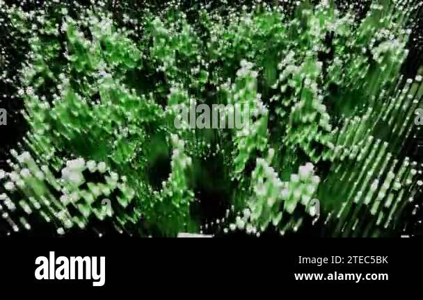 Abstract wave like motion of narrow green columns on a black background ...