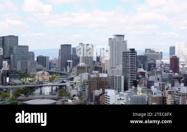 Osaka, Japan-15 April, 2019: Aerial of Osaka city from sky building ...