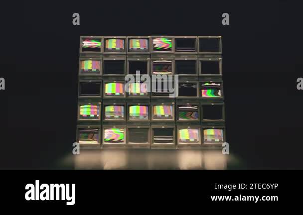 Retro 90s TV Wall. Stack of 30 Vintage Broken TV Turning On Green ...