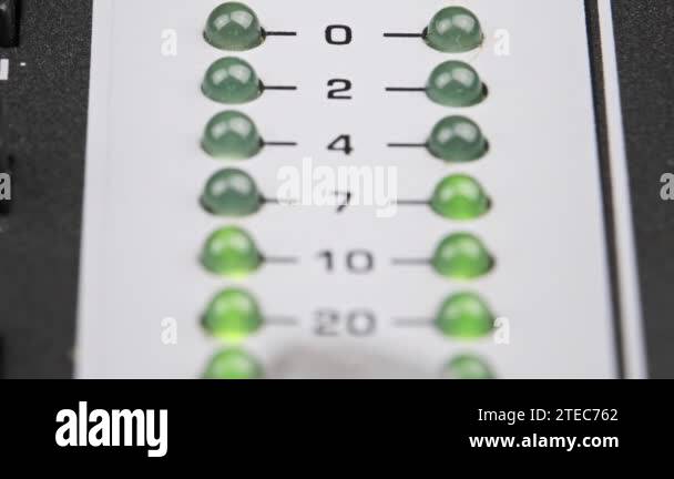 LED indicator of sound level signal on the mixing console. LED strip in ...