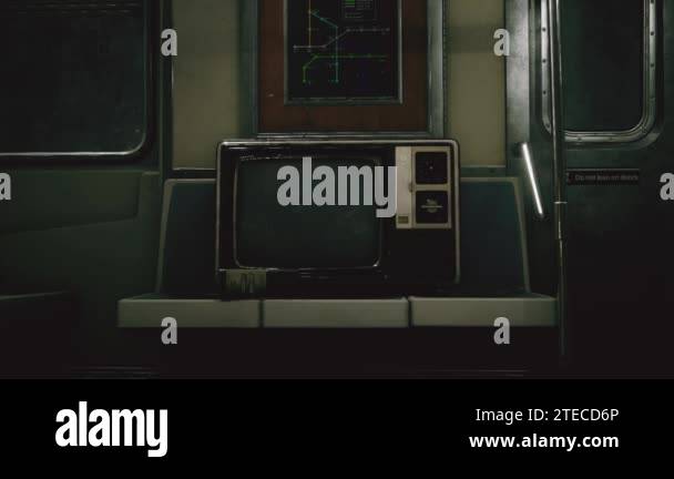 Subway Train Interior with an Old Television Set Turning On Chroma Key ...