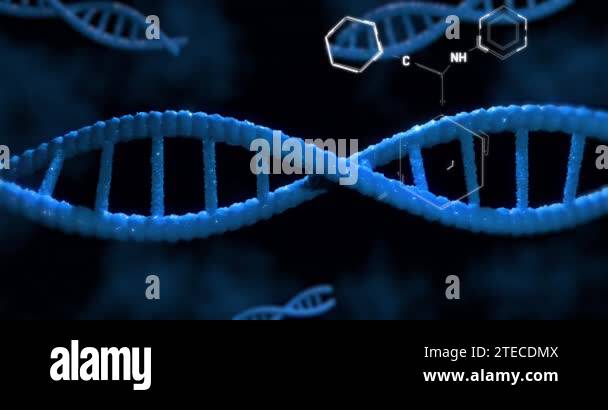 Animation of dna rotating over chemical formulas on black background ...