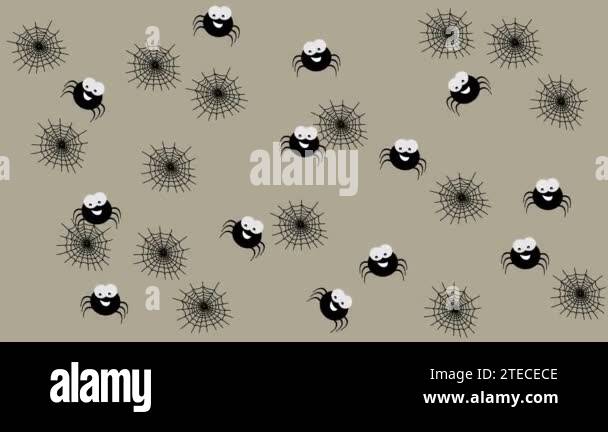 Several spiders with webs in random movements on a beige and green ...