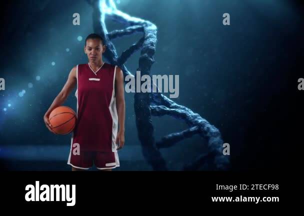 Animation of red spots and dna strand over african american female ...