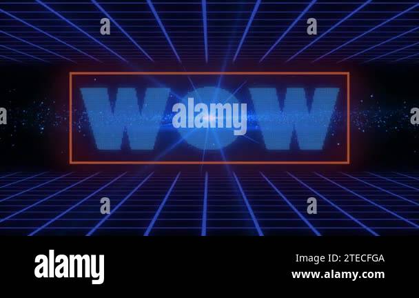 Animation of wow text over light trails and spots on black background. retro communication ...