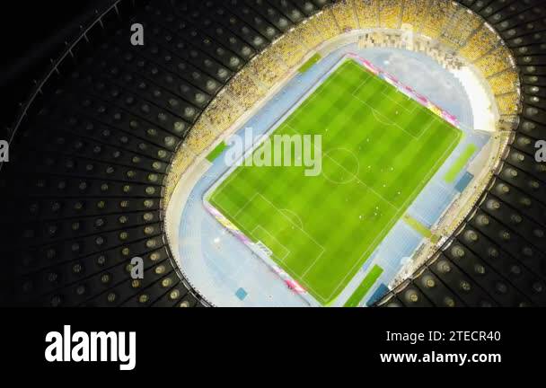 Night top down aerial view of Soccer stadium in downtown Kyiv, Ukraine ...
