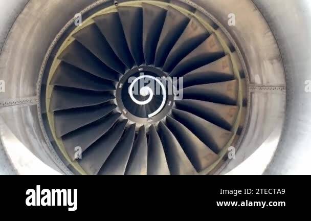 The rotation of airplane engine. Front view of aircraft engine turning ...
