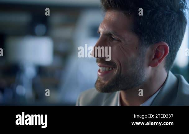 Portrait of businessman laughing luxury restaurant. Handsome gentleman ...