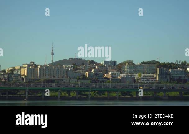 Han River With Namsan N Seoul Tower over Yongan-gu.Traffic at Gangbyeon ...