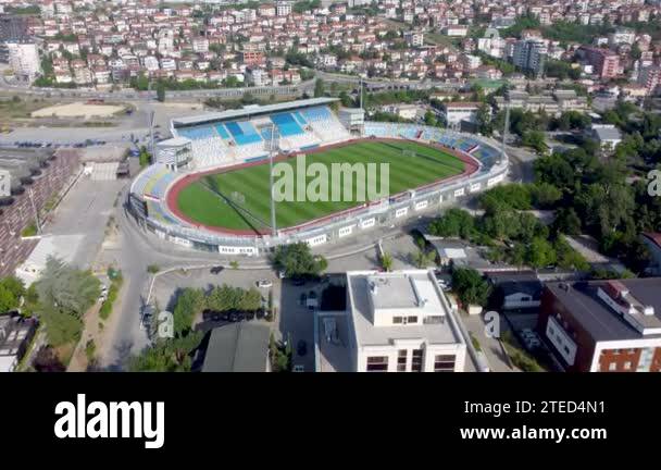 Pristina, Kosovo - June 5, 2022: Aerial ascending view on Fadil Vokrri ...
