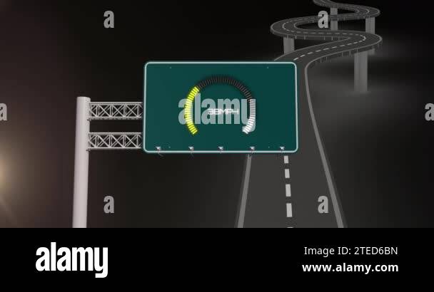Animation of road sign and road on black background. Travel, transport ...