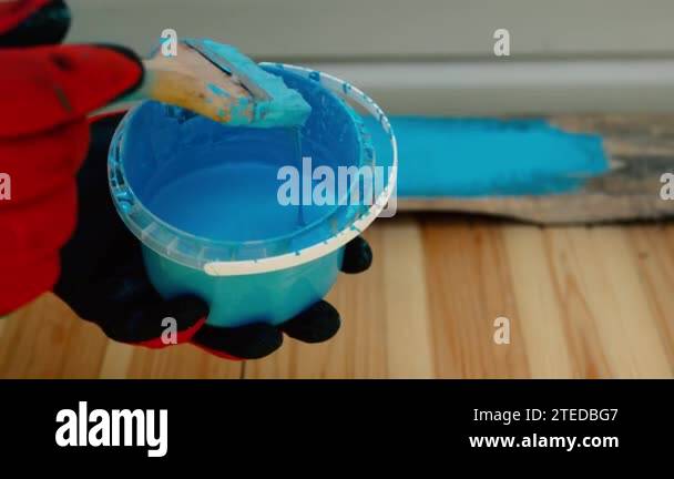 Close up of dipping brush into blue paint outside. Home renovation ...