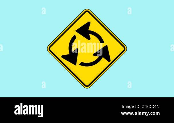 This is an animated yellow sign saying: Roundabout, in an anti ...