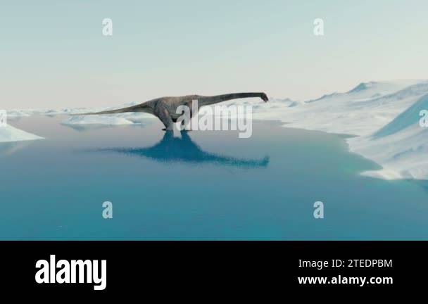 Dinosaur. Prehistoric snow landscape, ice valley with Dinosaurs. Arctic ...