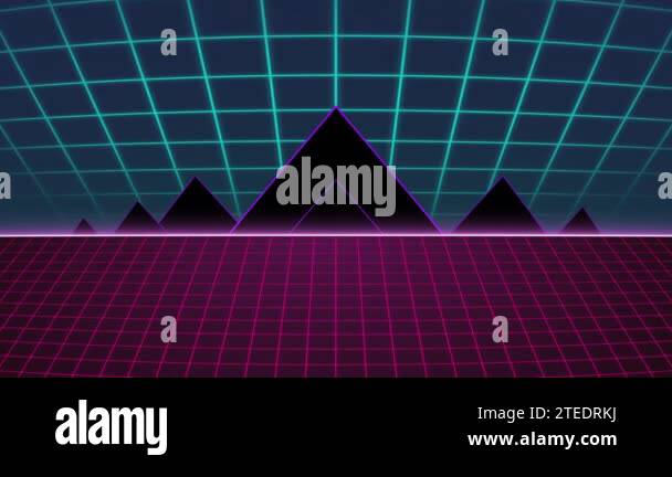 80s retro background loop animation. Retrowave horizon landscape with ...