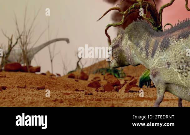 Dinosaur. Prehistoric Jungle, landscape, valley with Dinosaurs. realistic animation and motion ...