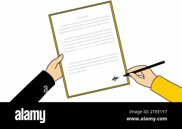 Animated contract signing. Man's hand signs a document with a pen ...
