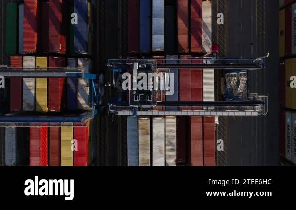Top View Of Gantry Crane Rolling Over Intermodal Containers At Logistic ...