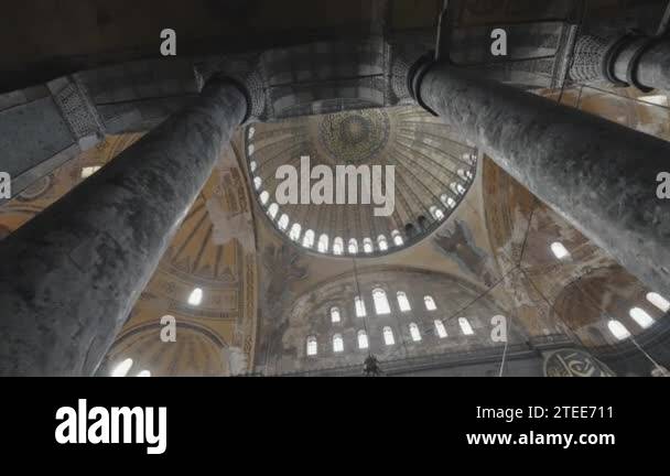 Columns and vault of temple. Action. View from below on beautiful inner ...