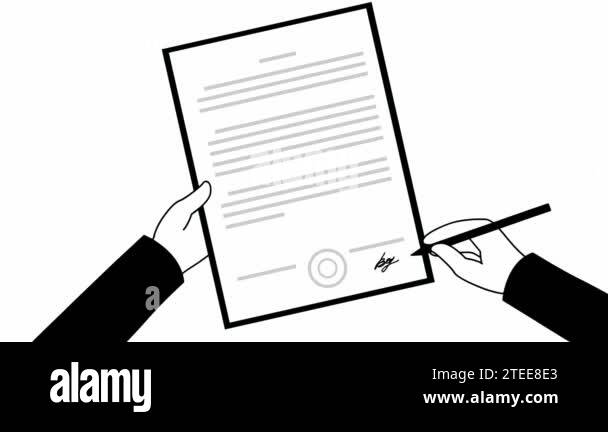 Animated contract signing. Man's hand signs a document with a pen ...
