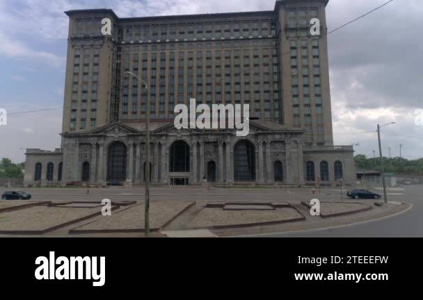This video is an aerial view of the Old Train Station in Detroit ...