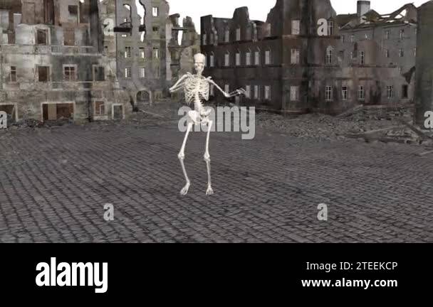 Dancing skeletons 3D on city street after the apocalypse. Apocalypse ...
