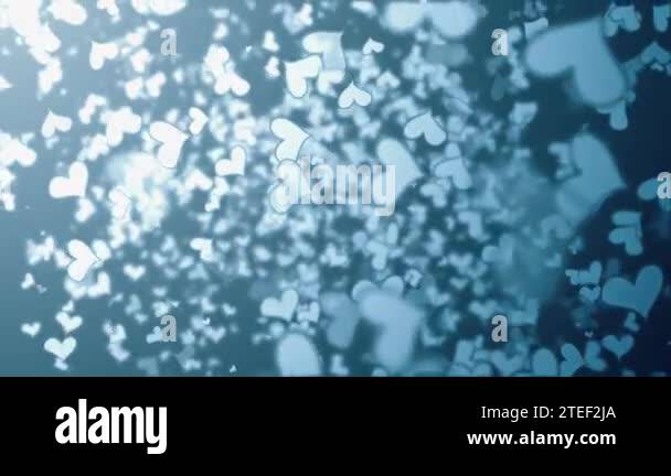 4K looping flow falling glowing many blue heart on dark blue background ...