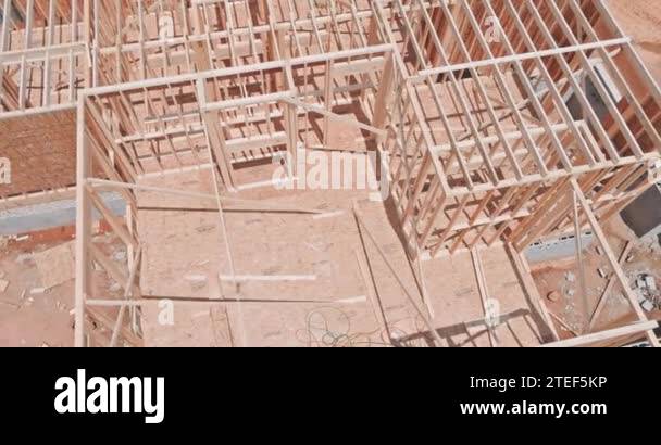 Large wooden beams timber frame interior view of a house under ...