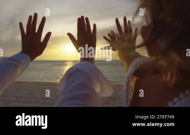 Happy family. Group of people stretch their hands to sun. Teamwork of ...