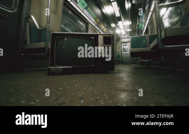 Subway Train Interior with an Old Television Set Turning On Green ...