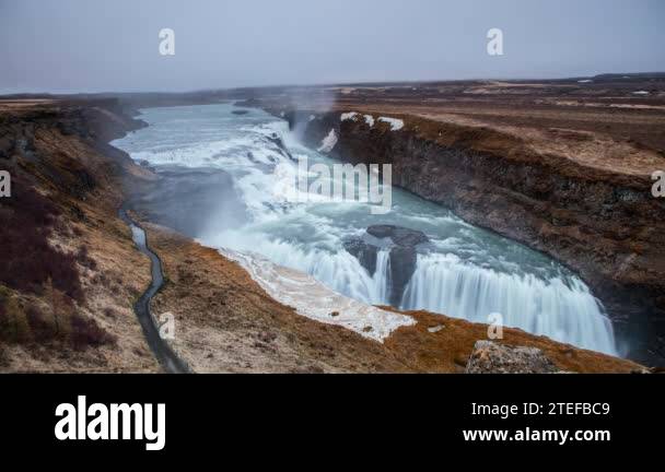 Iceland travel video. Timelapse of Gullfoss waterfall tourist ...