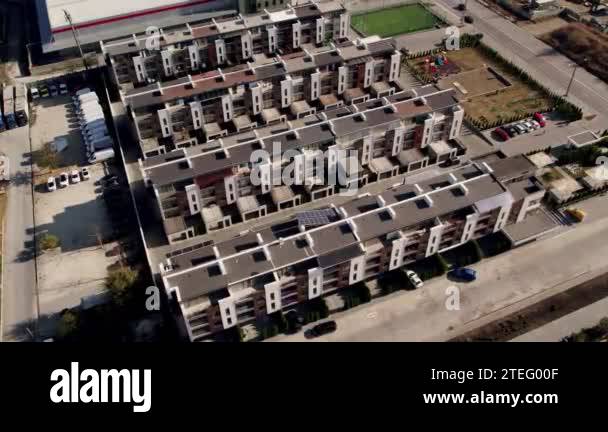 modern residential neighborhood with houses on the ground, playground ...