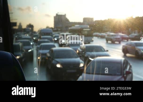 Traffic jam from cars on road, rush hour, busy overloaded Moscow city ...