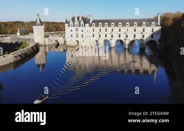 Aerial drone view of medieval French Castle of Chenonceau and its ...