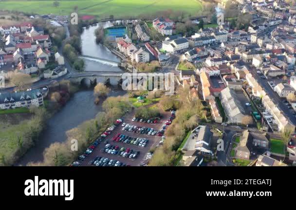 Aerial footage of the town centre of Wetherby in West Yorkshire in the ...