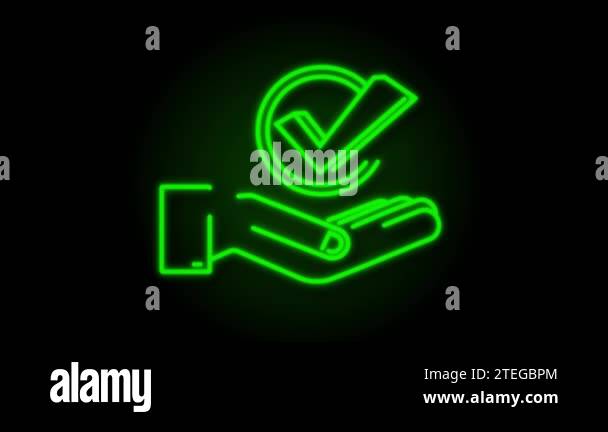 Neon Check mark hanging over hands. Green approved star sticker. motion graphic Stock Video ...