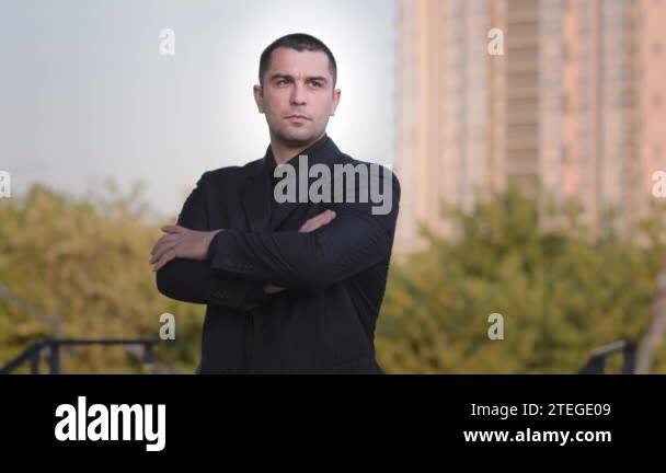 Portrait of confident strong caucasian businessman adult brunet man guy ...