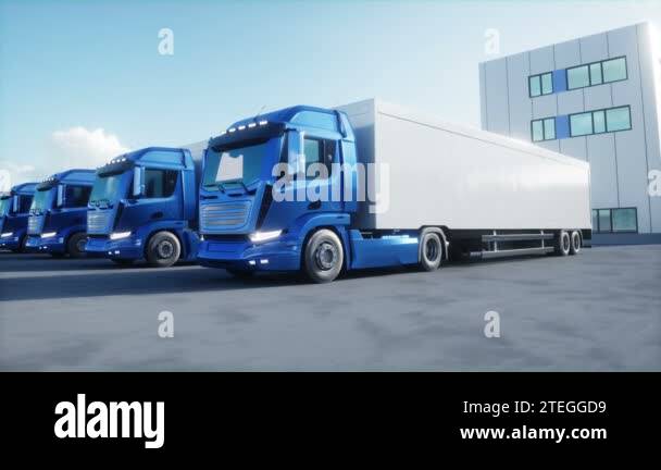 Generic 3d model of cargo trucks on warehouse parking. Logistic center ...