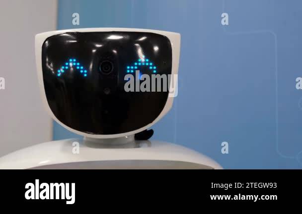 The robot demonstrates facial expressions, modern robotic. Robot face ...