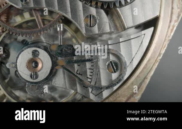 Internal vintage clockwork mechanism macro. Rotating silver gears ...