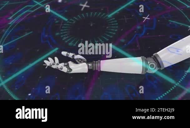 Animation of robotic arm and scope scanning on black background. global ...