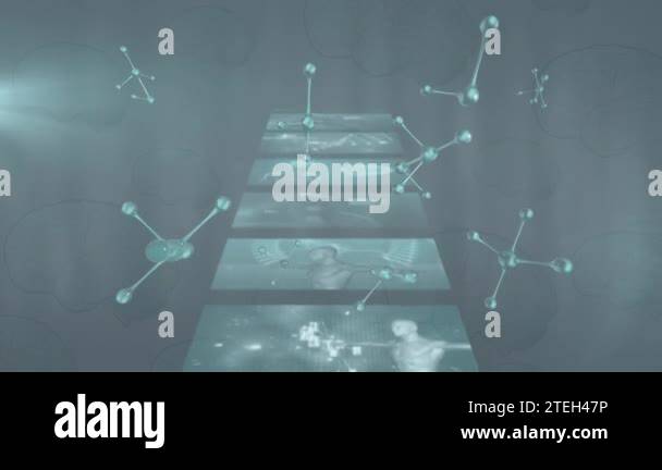 Animation of falling molecules over moving screens. global science ...