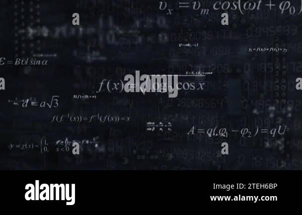 Mathematical and physical formulas on a digital blue background of a circuit board and fast ...
