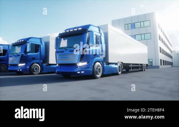 Generic 3d model of cargo trucks on warehouse parking. Logistic center ...